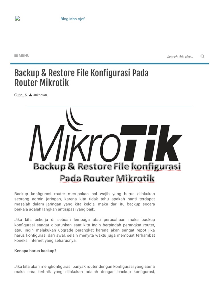 Backup & Restore File Konfigurasi Pada Router Mikrotik - Blog Ma | PDF