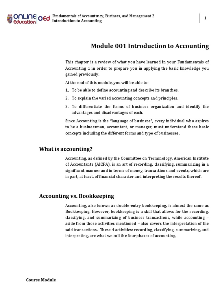 Week 001 - Module Introduction To Accounting | PDF | Accounting | Sole ...
