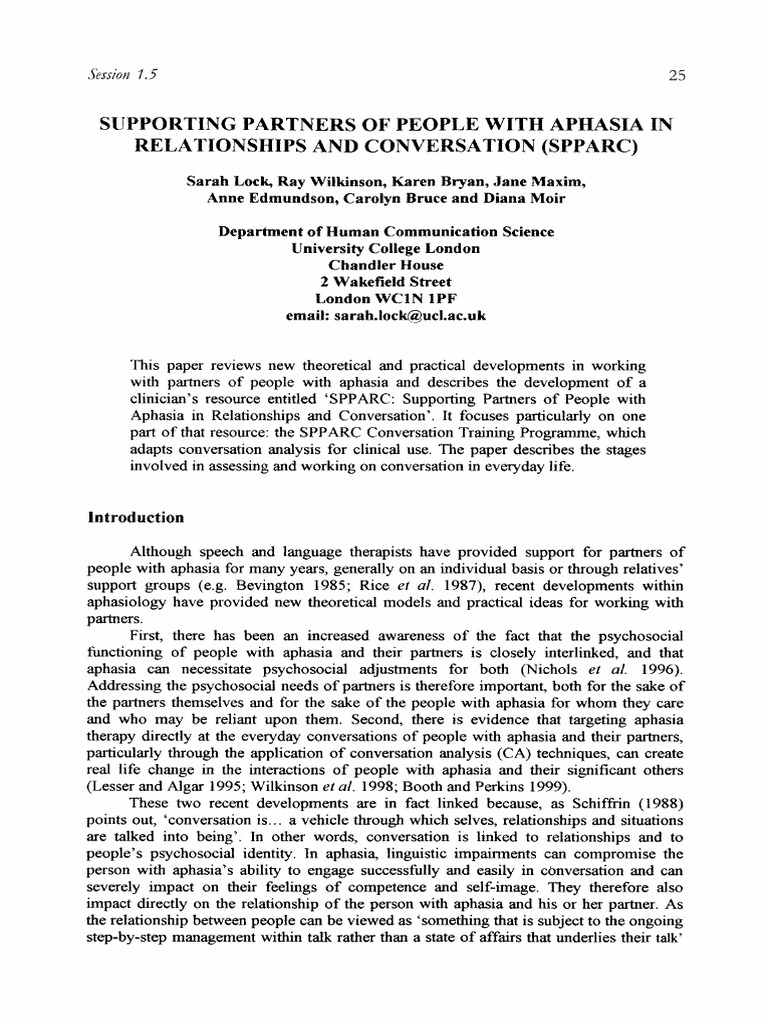 Supporting Partners of People With Aphasia in Relationships and ...