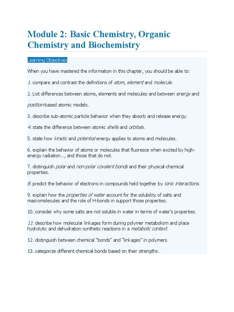 Cell and Mol Bio Module 2 | Descargar gratis PDF | Chemical Bond | Atoms