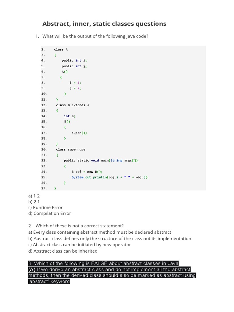 Abstract, Inner, Static Classes Questions: Class Public Public | Download Free PDF | Class ...