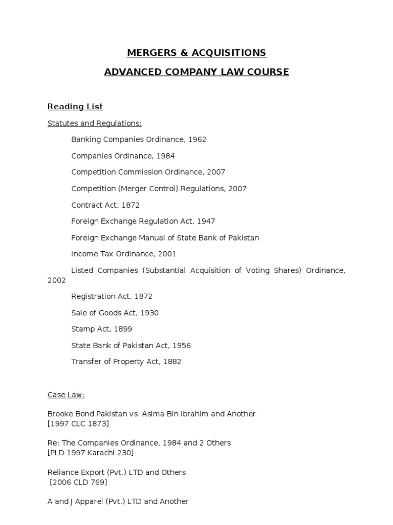 MA Course Outline (Revised) | PDF | Takeover | Mergers And Acquisitions