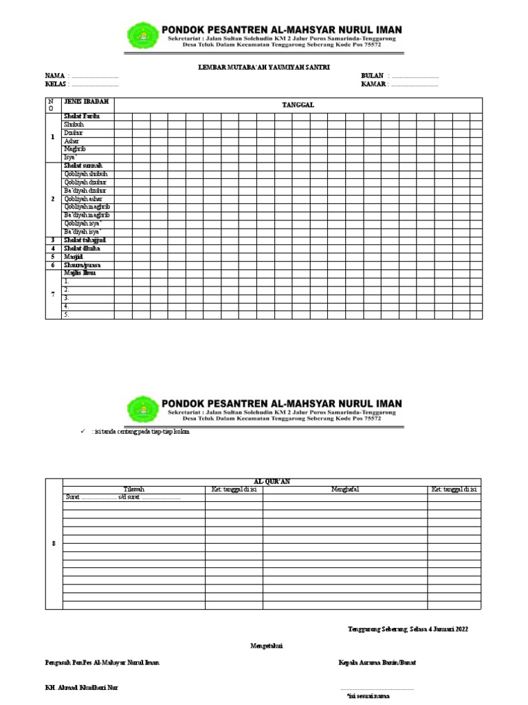 Lembar Mutabaah Santri 2022 | PDF