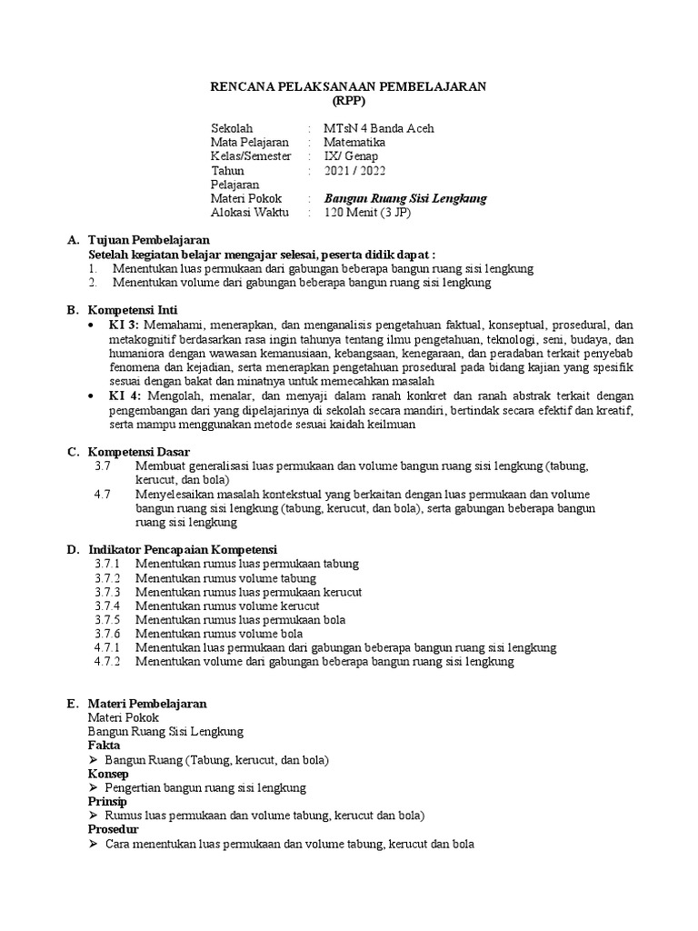 RPP Bangun Ruang Sisi Lengkung Kls 9 Genap | PDF | Karier ...