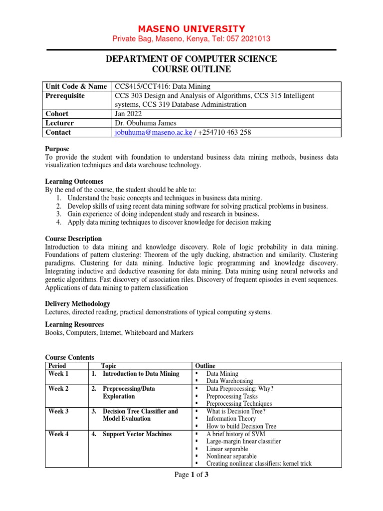 CCS415-CCT416 Course Outline | PDF | Cluster Analysis | Data Mining
