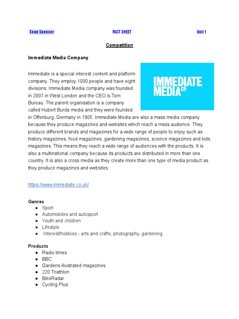 Competition Immediate Media Company: Fact Sheet Unit 1 Sean Spencer | PDF