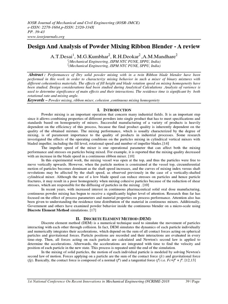 Design and Analysis of Powder Mixing Ribbon Blender - A Review ...