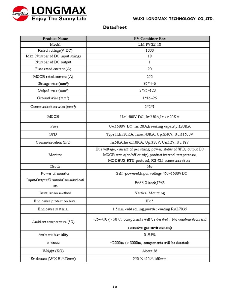 PV Combinet Box Datasheet | PDF | Fuse (Electrical) | Physical Quantities