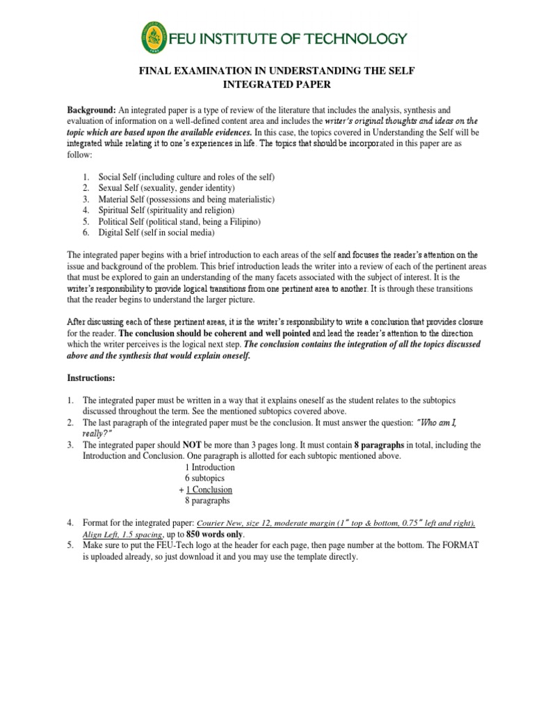 Final Examination in Understanding The Self Integrated Paper | PDF ...