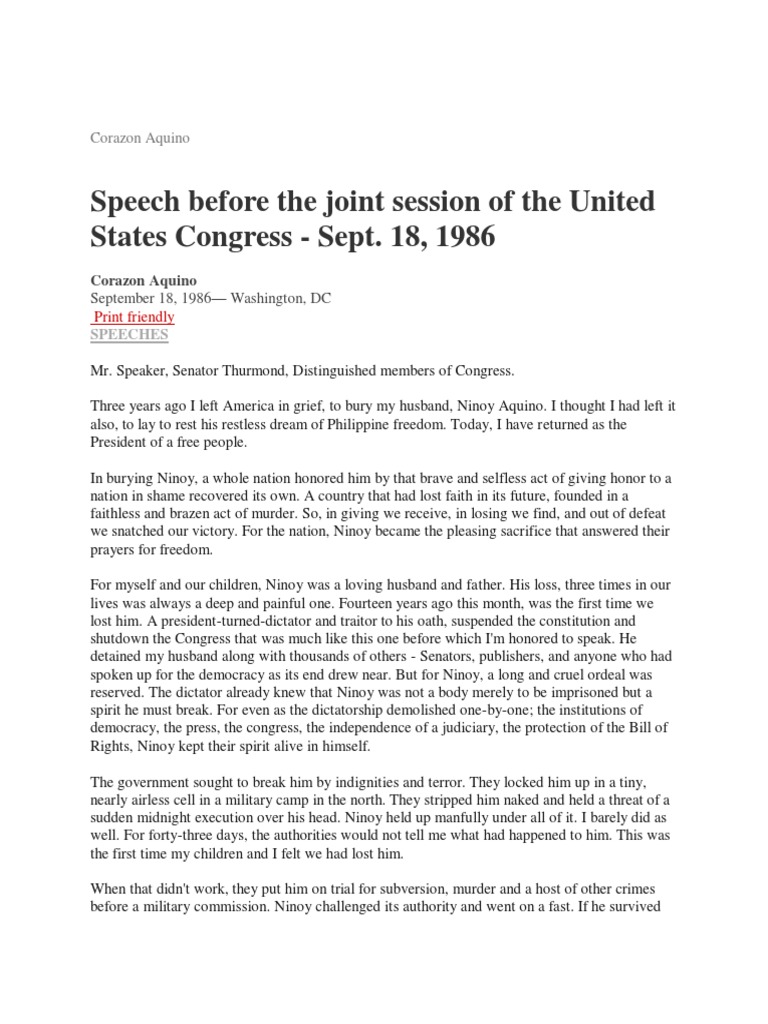 Speech Before The Joint Session of The United States Congress Sept. 18 ...
