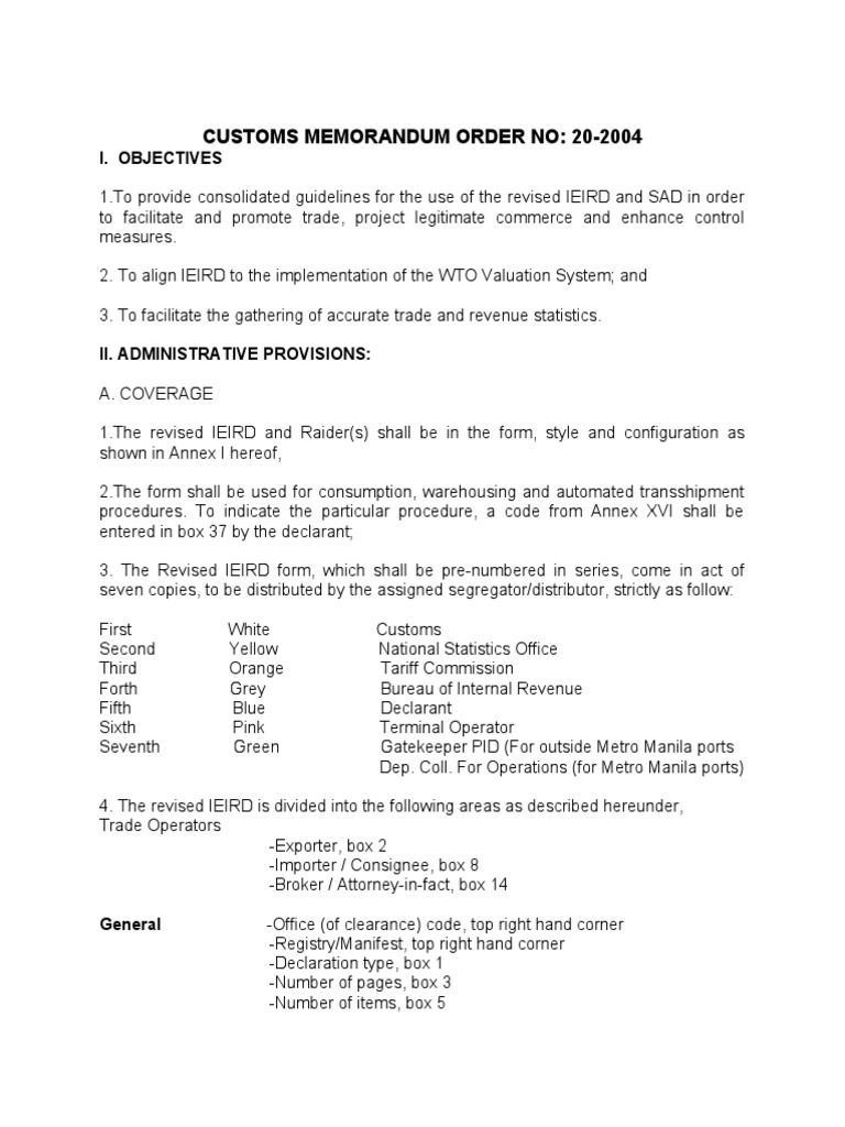 Customs Memorandum Order No 20-2004 | PDF | Taxes | Customs