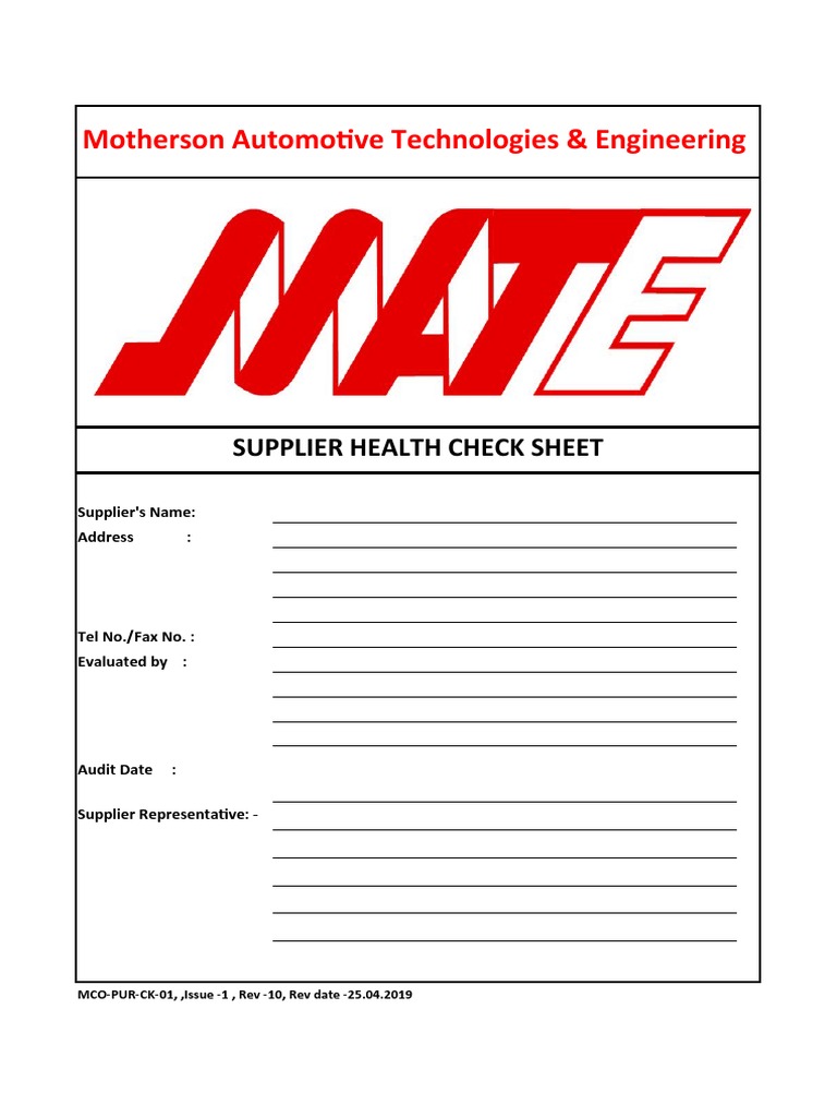 Motherson Supplier Health Check Sheet | PDF | Audit | Verification And ...