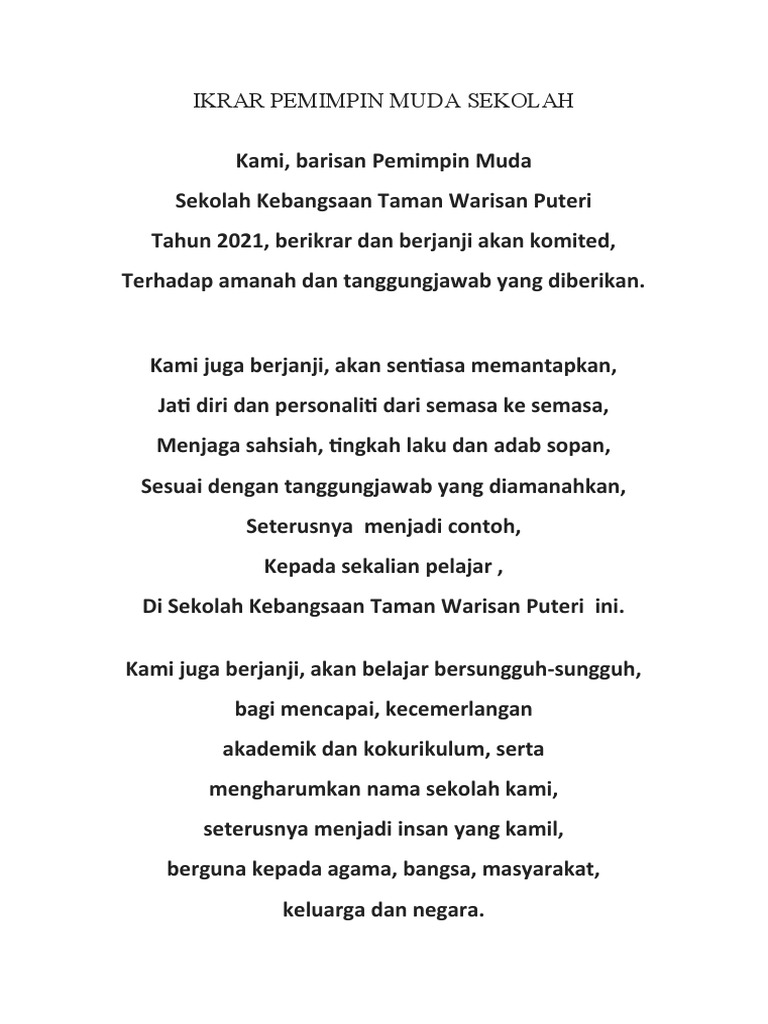 Ikrar Pemimpin Muda Sekolah | PDF
