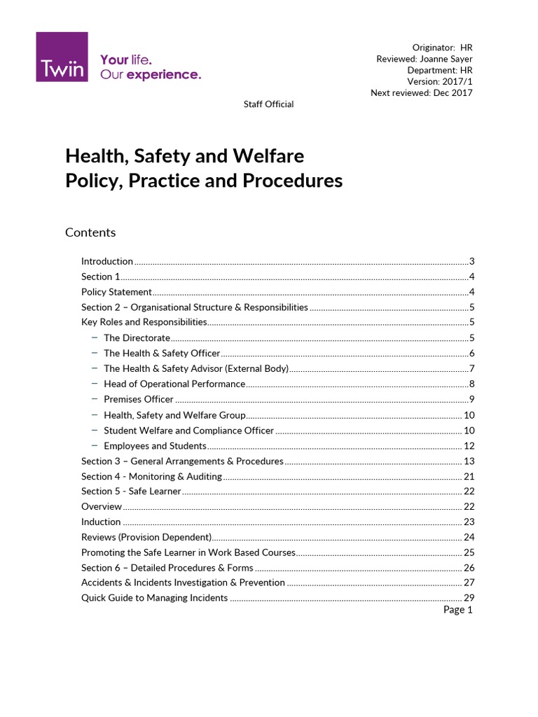 Health Safety and Welfare Policy | PDF | Occupational Safety And Health ...