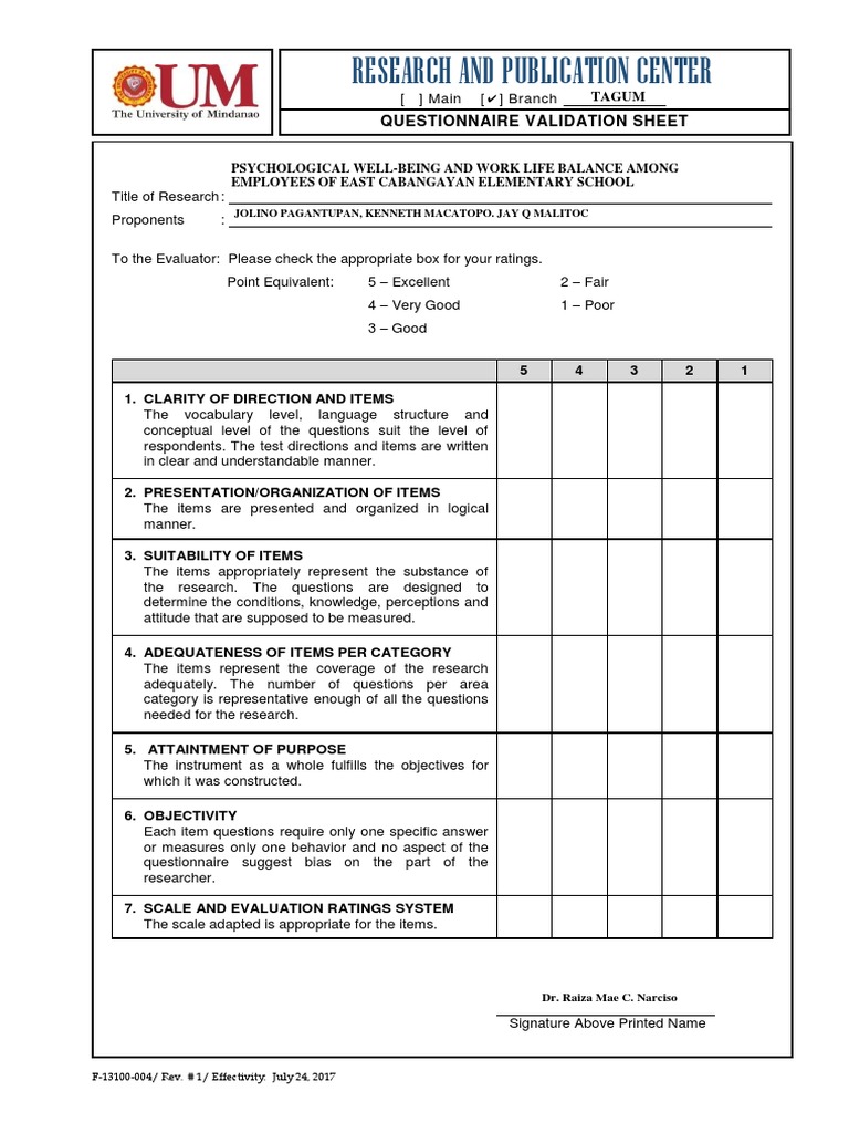Research and Publication Center: Questionnaire Validation Sheet | PDF ...