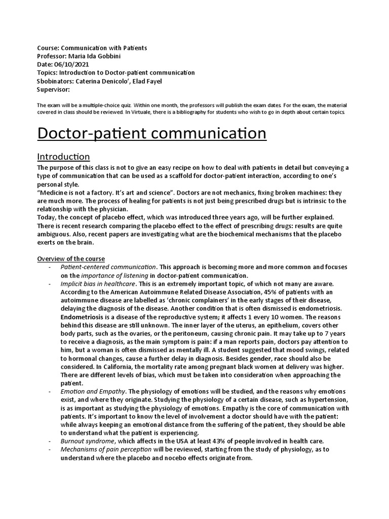 Communication With Patients 06.10.2021 Introduction To Doctor Patient ...