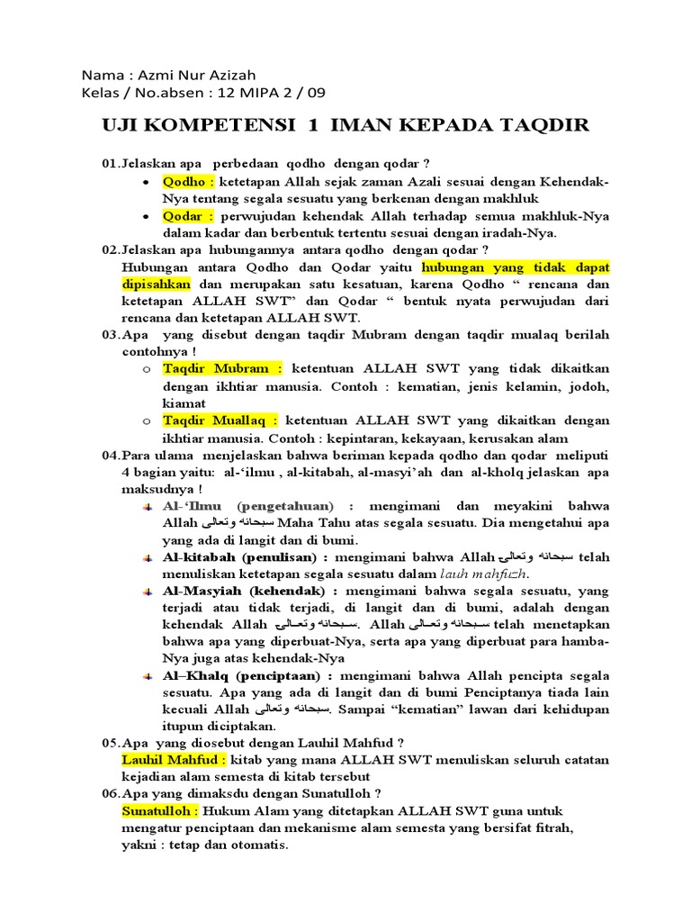 Uji Kompetensi 1 Iman Kepada Takdir | PDF | Karier & Perkembangan ...