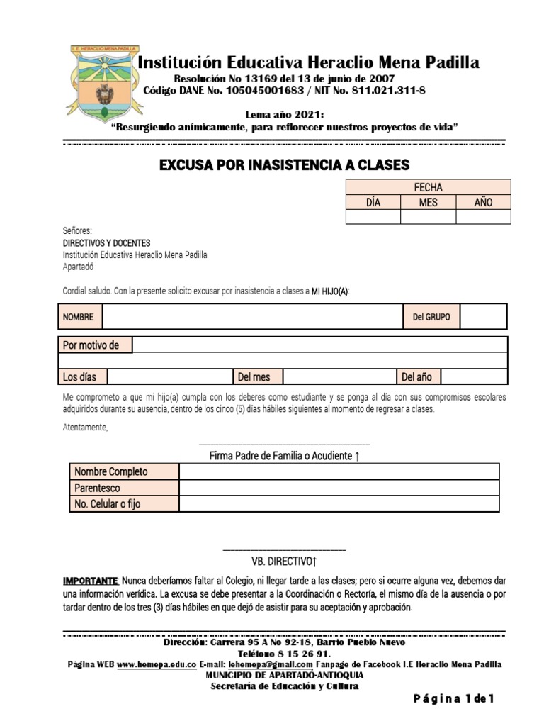 Formato Excusa Por Inasistencia A Clases 2021 | PDF