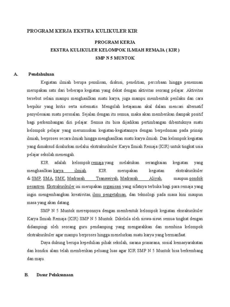 Program Kerja Ekstra Kulikuler Kir | PDF