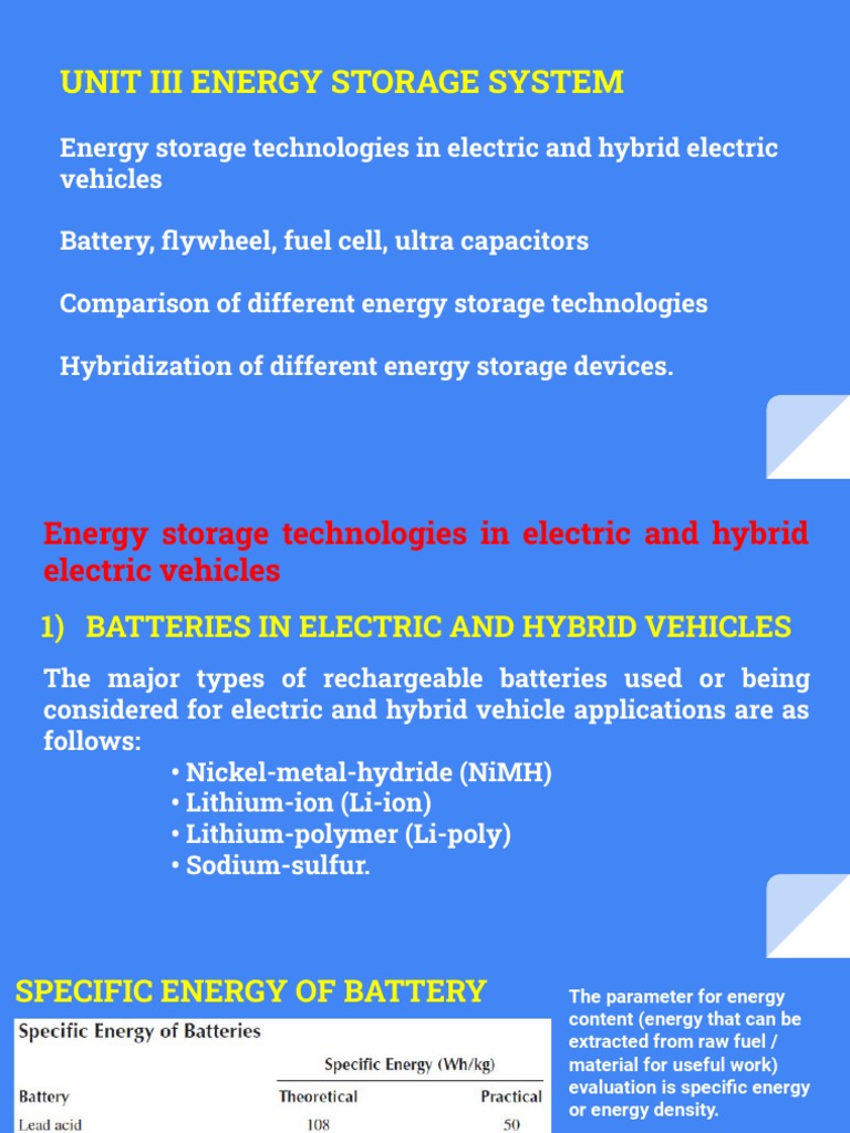 Unit III Energy Storage Systems | PDF | Fuel Cell | Rechargeable Battery