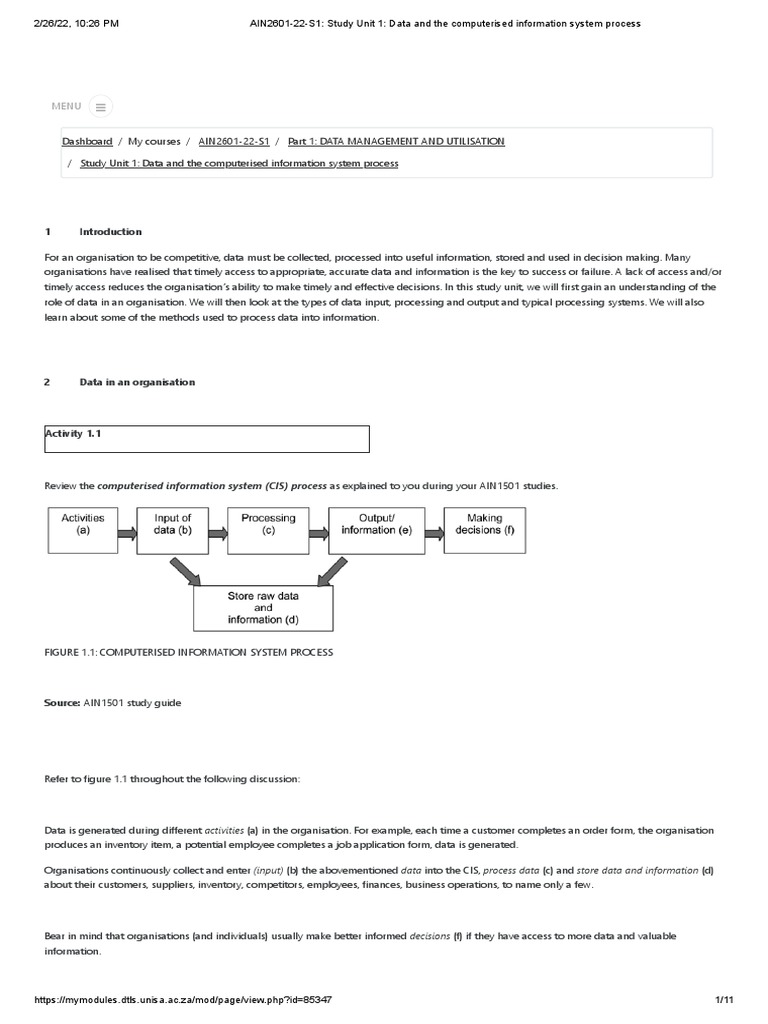 AIN2601-22-S1 - Study Unit 1 - Data and The Computerised Information ...