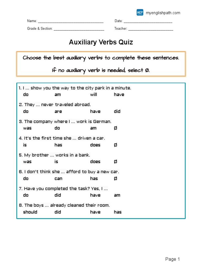 Auxiliary Verbs Quiz | PDF | Linguistics | Semantic Units