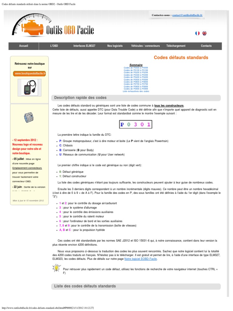 Codes Défauts Standards Utilisés Dans La Norme OBD2 - Outils OBD Facile | PDF | Allumage ...