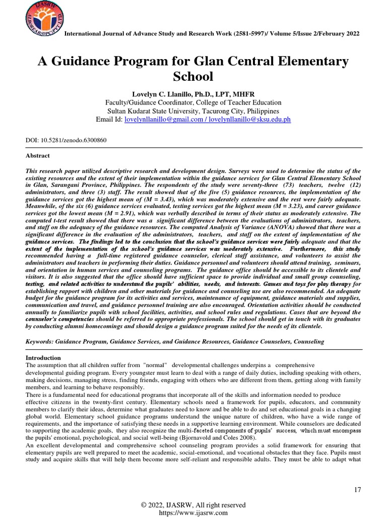 A Guidance Program For Glan Central Elementary School | PDF | School ...