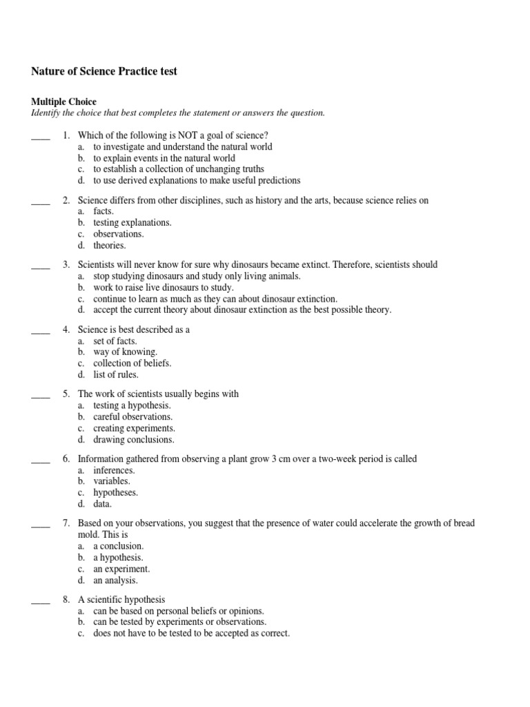 Nature of Science Practice Test | PDF | Experiment | Science