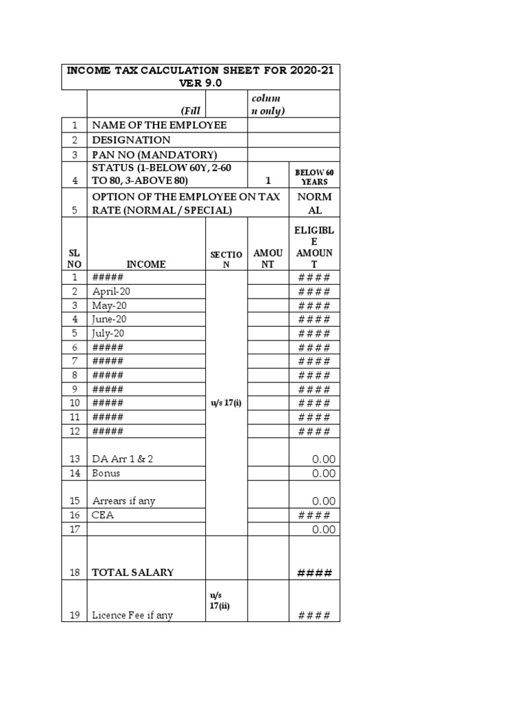 Income Tax Calculation Sheet For 2020-21 VER 9.0: (Fill Colum N Only ...