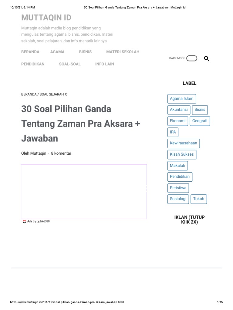 30 Soal Pilihan Ganda Tentang Zaman Pra Aksara + Jawaban - Muttaqin Id | PDF