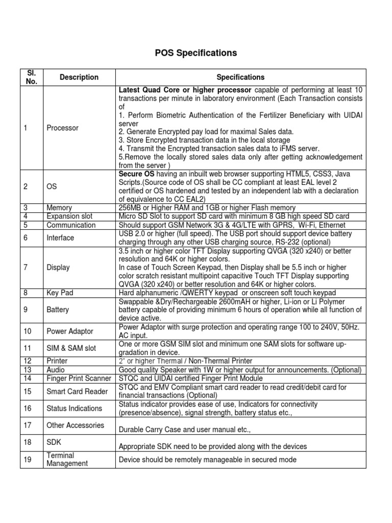 POS Upgraded Specs - 26-12-2018 | PDF | Point Of Sale | Smart Card