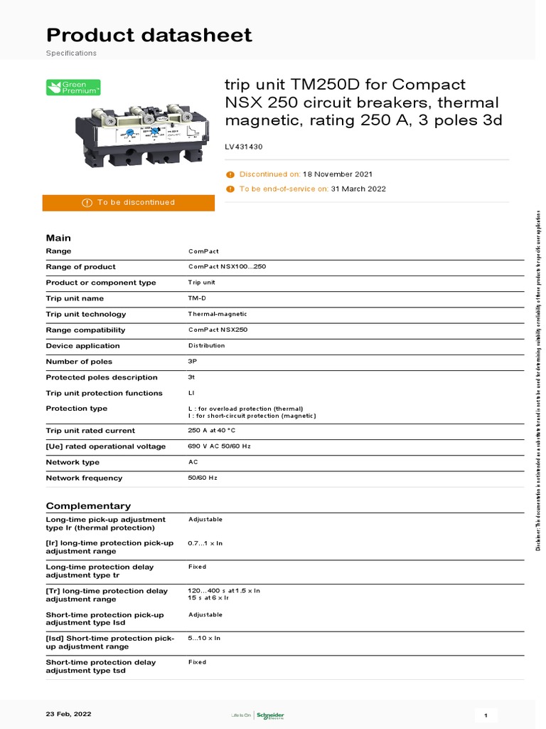 Product Datasheet: Trip Unit TM250D For Compact NSX 250 Circuit ...