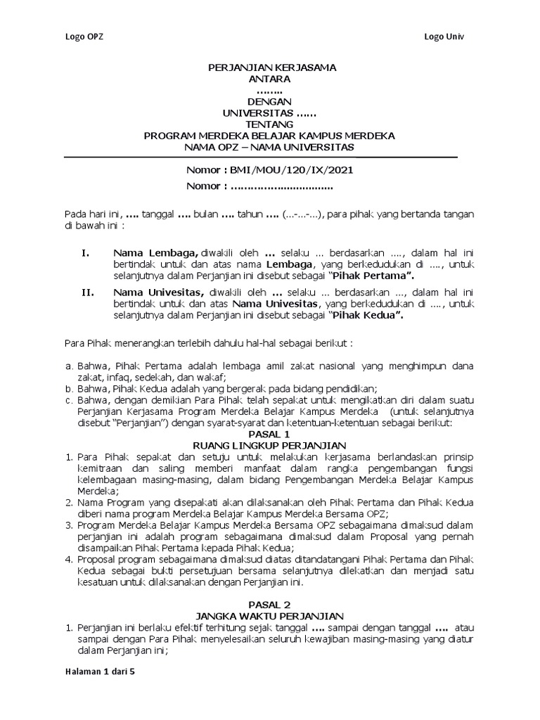 CONTOH Draft MOU Merdeka Belajar Kampus Merdeka | PDF