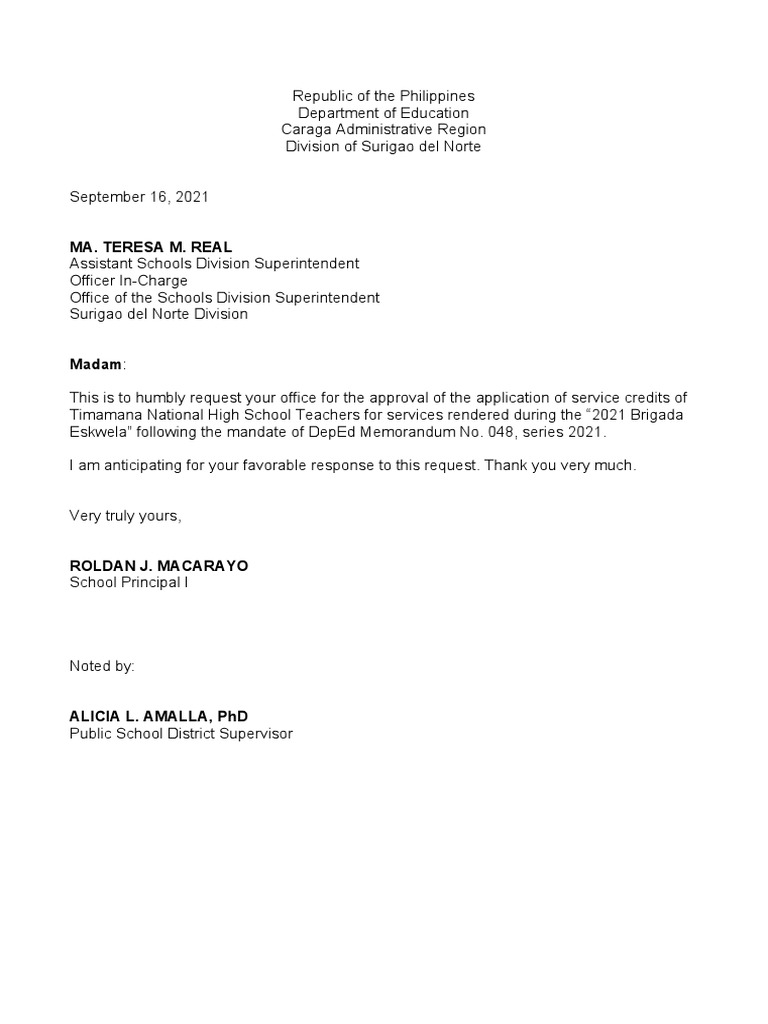 Brigada Eskwela 2021 Letter Request For Service Credits | PDF | Philippines