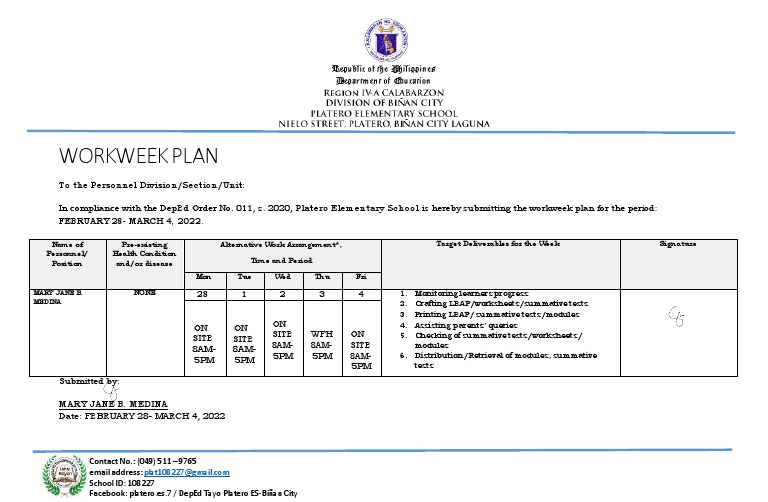Workweek Plan: Republic of The Philippines Department of Education | PDF