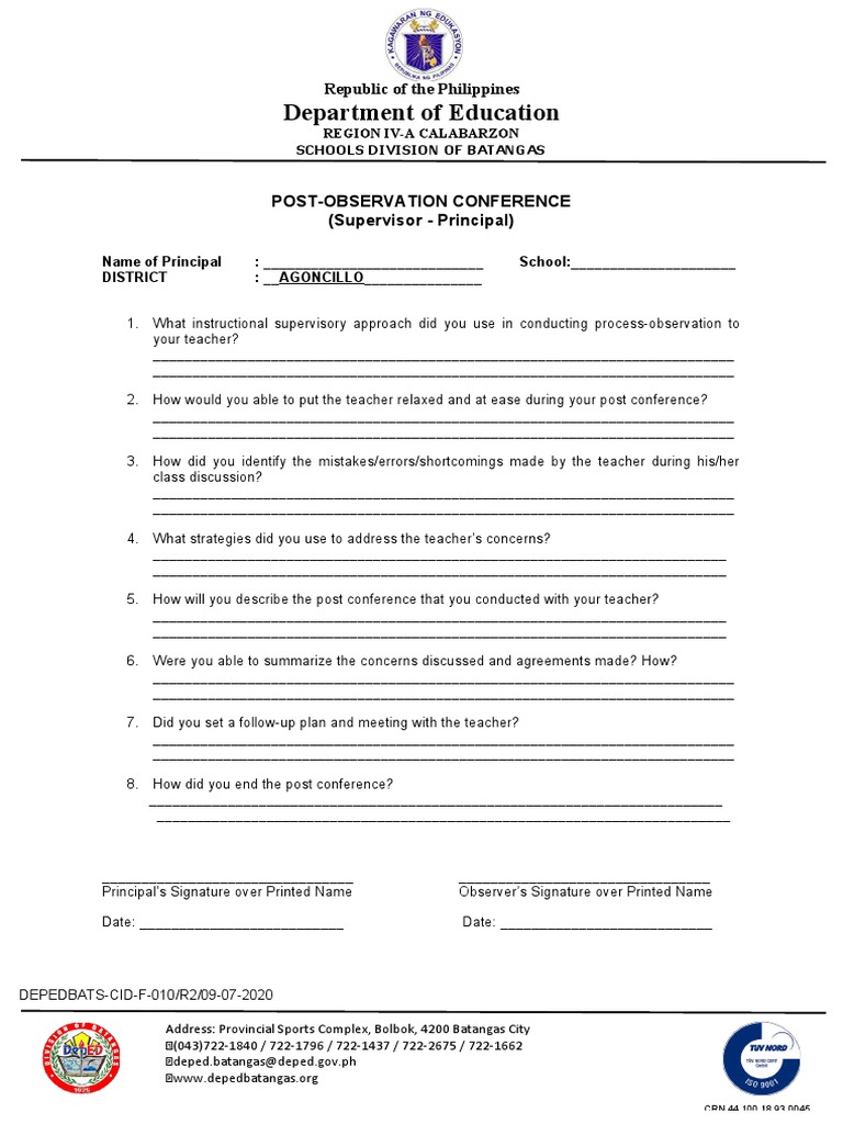 DEPEDBATS CID F 010 Post Observation Supervisor To Principal | PDF ...