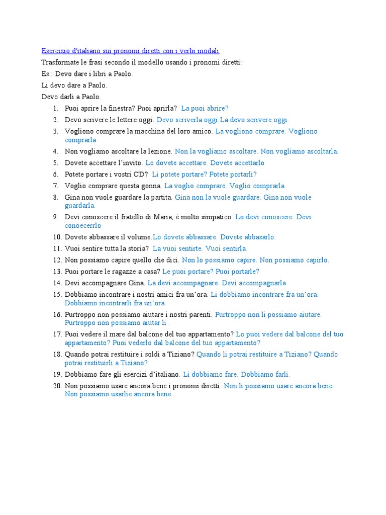 Pronomi Diretti Con I Verbi Modali | PDF