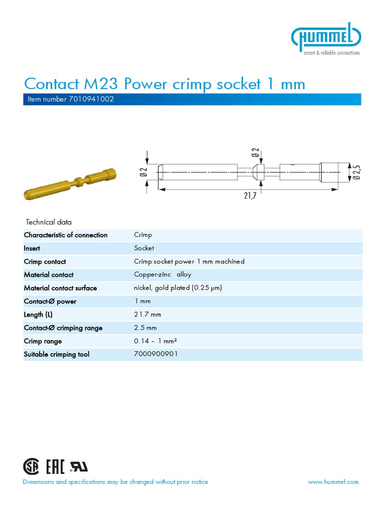 Contact M23 Power Crimp Socket 1 MM: Item Number 7010941002 | PDF