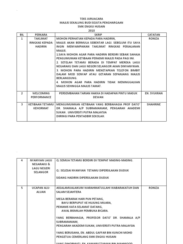 Teks Juruacara Majlis Sekalung Budi Sejuta Penghargaan 2018 | PDF