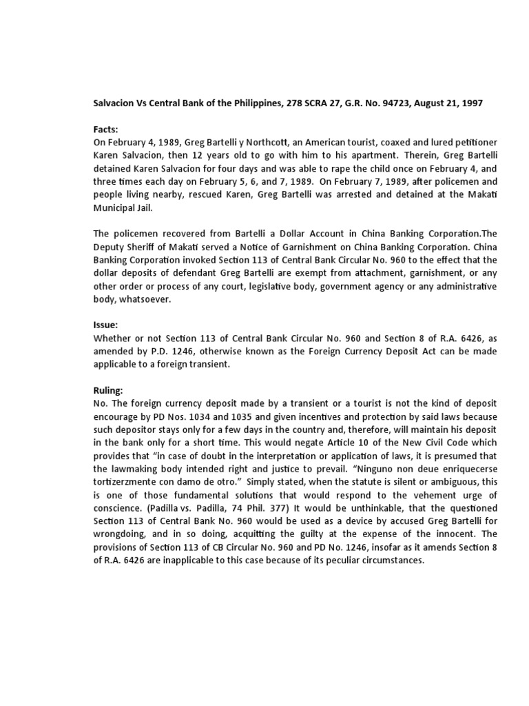 Salvacion vs. Central Bank Ruling Summary | PDF
