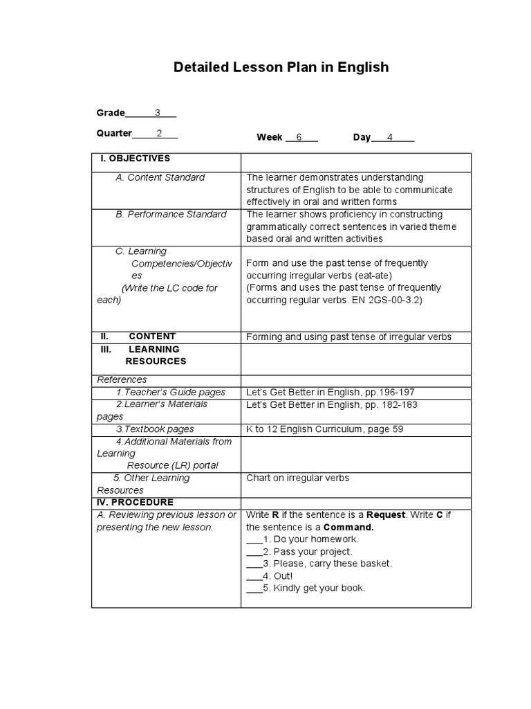 Detailed Lesson Plan in English: Grade 3 Quarter 2 Week Day I ...