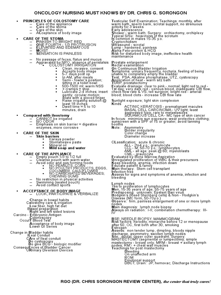 Oncology Nursing Must Knows by Dr. Chris G. Sorongon | PDF | Breast Cancer | Cancer