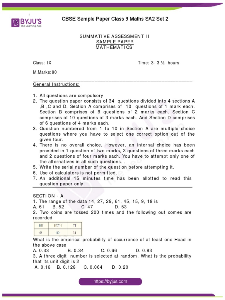 CBSE Sample Paper Class 9 Maths SA2 Set 2 | PDF | Area | Circle