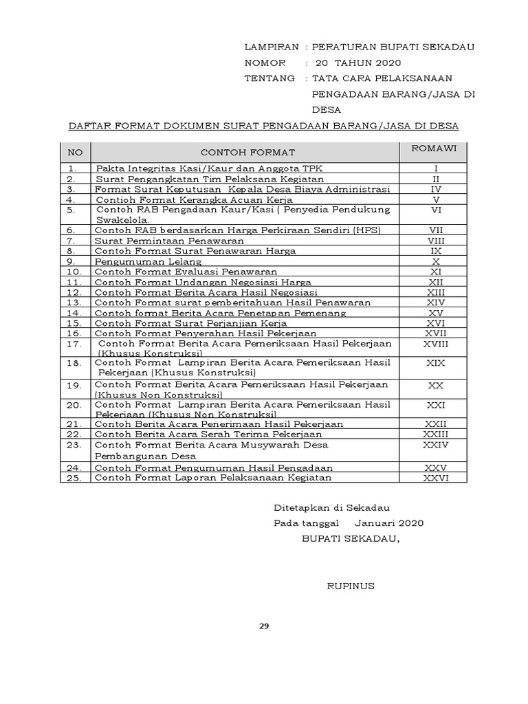 Perbup Sekadau 2020 No 20 Tahun 2020 Tentang PPBJ Bersih Lampiran | PDF