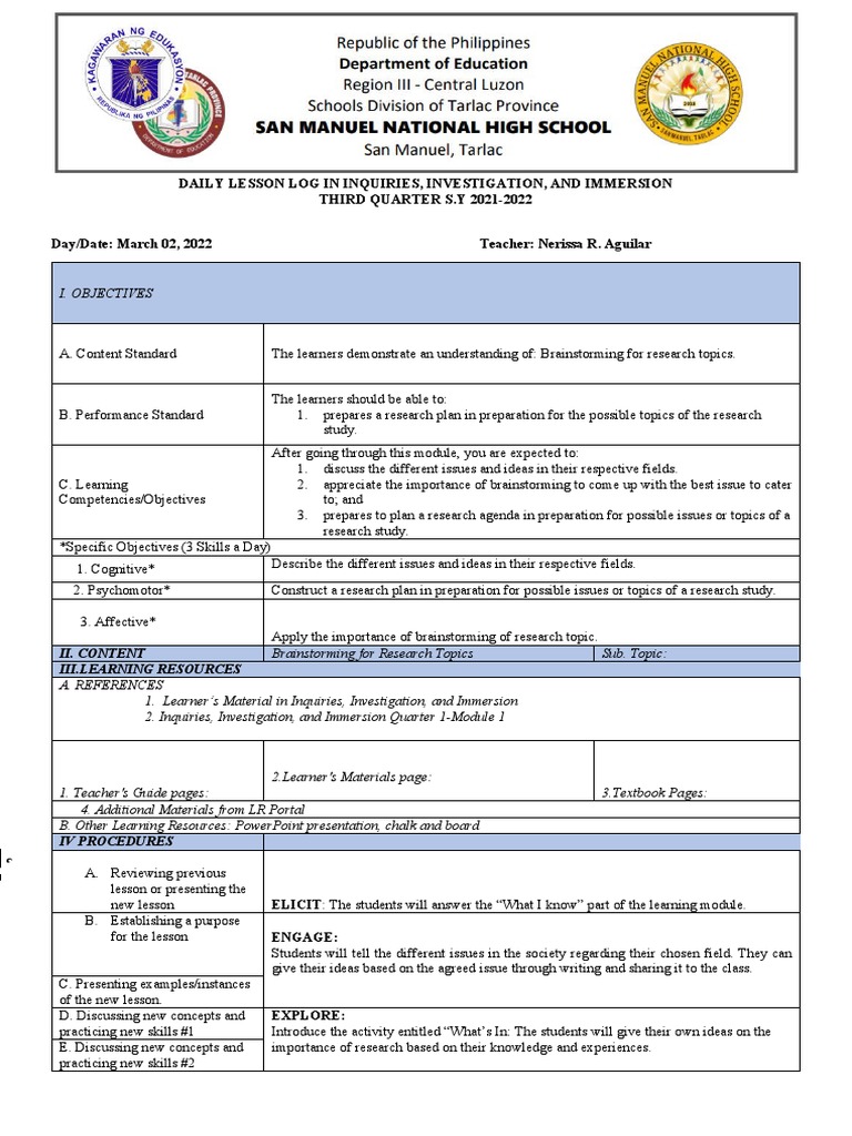 DAILY LESSON LOG IN 3i's | PDF | Idea | Concept