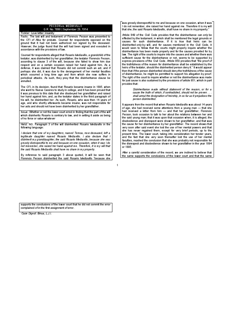PECSON vs. MEDIAVILLO | PDF | Will And Testament | Government