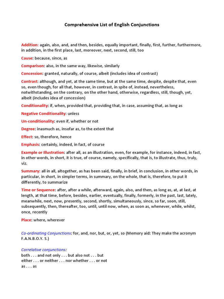 English Conjunctions List | PDF | Language Arts & Discipline