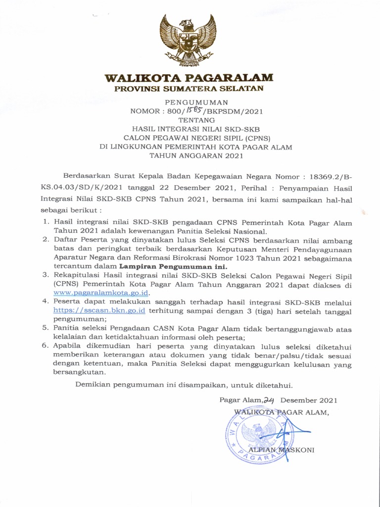 Pengumuman Hasil Integrasi SKD-SKB Cpns Pagar Alam Tahun 2021 | PDF