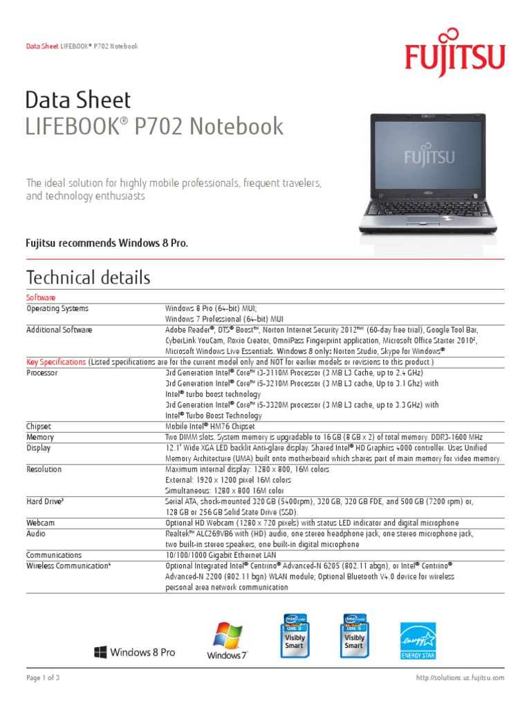 Lifebook P702 Notebook: Data Sheet | PDF | Laptop | Usb
